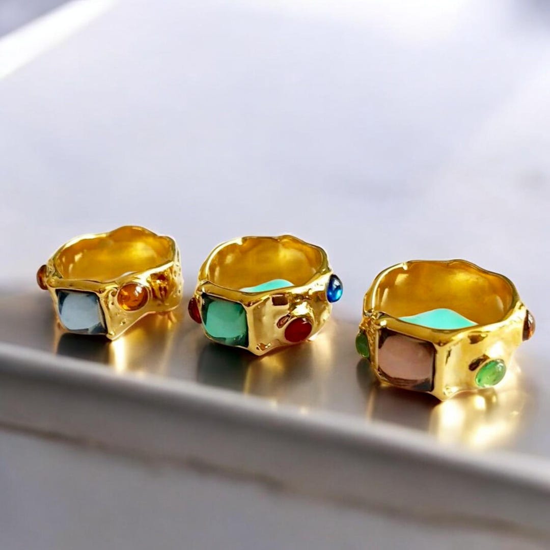 Irregular Golden Chunky Ring | Vintage Colorful Womens Ring | Irregular ...