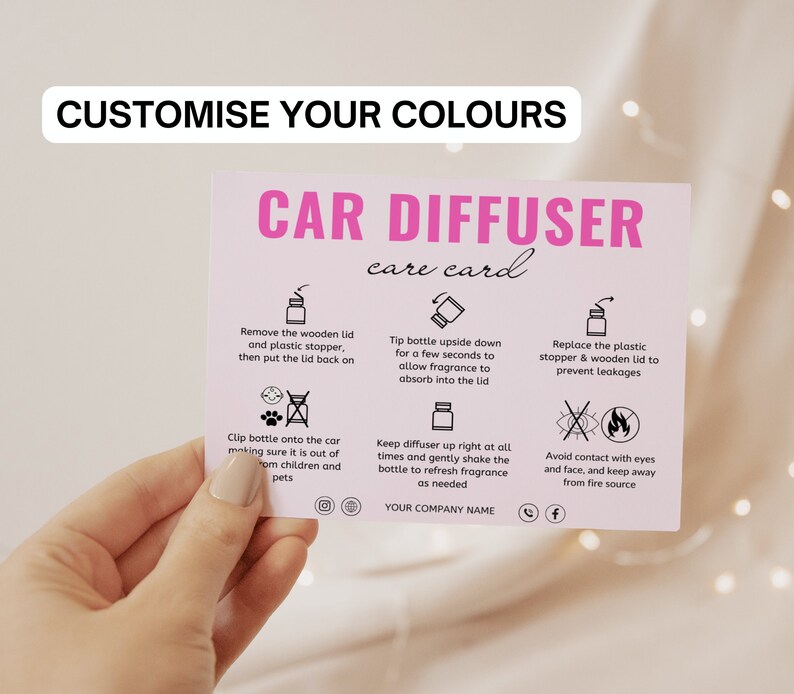 Car Diffuser Care Card Editable Template Set, Car Diffuser Care Guide ...