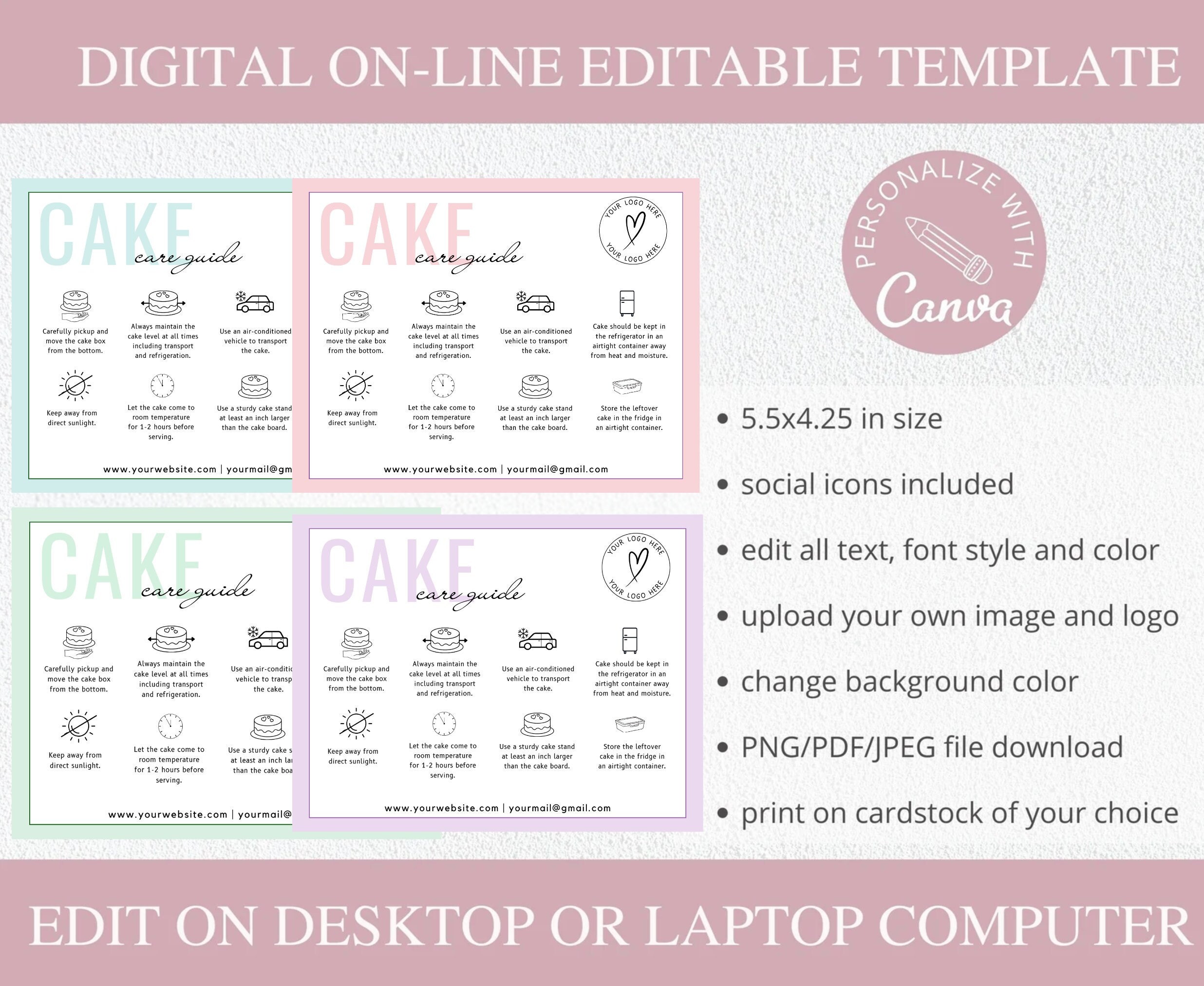 Cake Care Card Editable Template, Cake Care Instructions Card, Cake ...