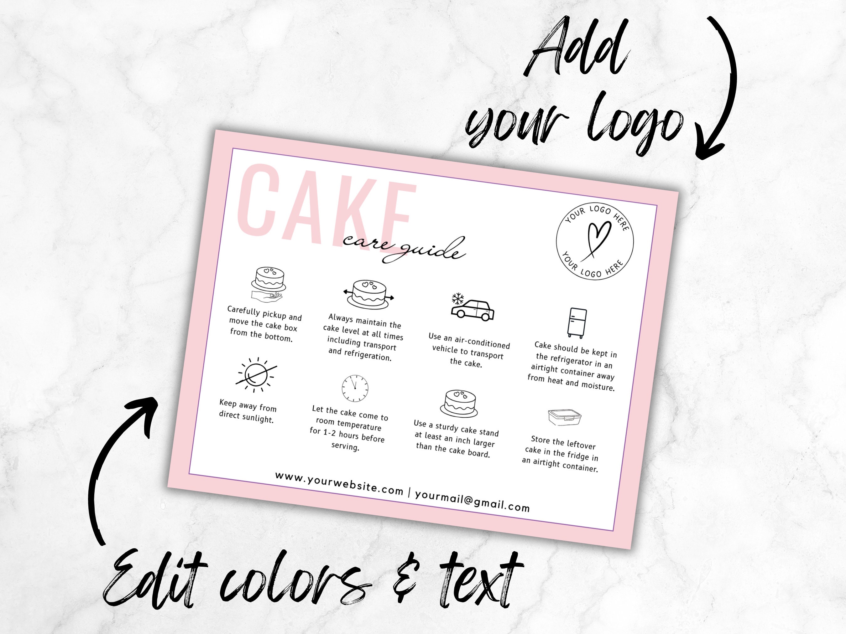 Cake Care Card Editable Template, Cake Care Instructions Card, Cake ...