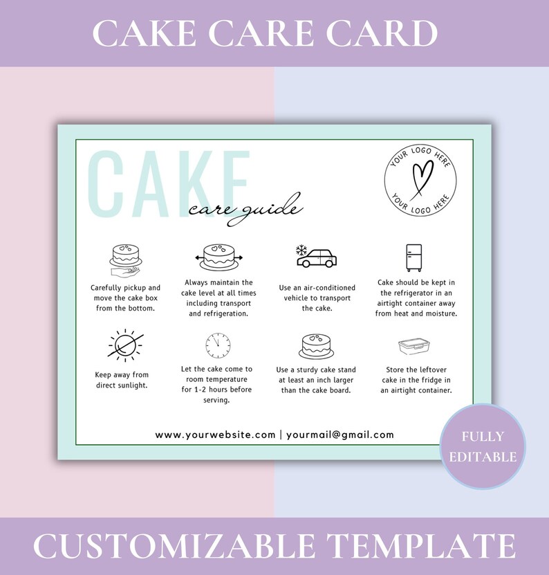 Cake Care Card Editable Template, Cake Care Instructions Card, Cake ...