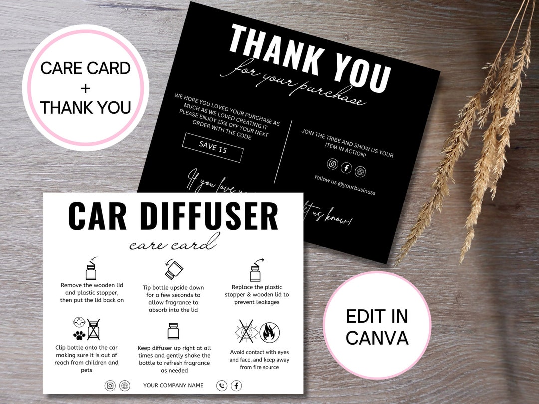 Car Diffuser Care Card Editable Template Set, Car Diffuser Care Guide ...