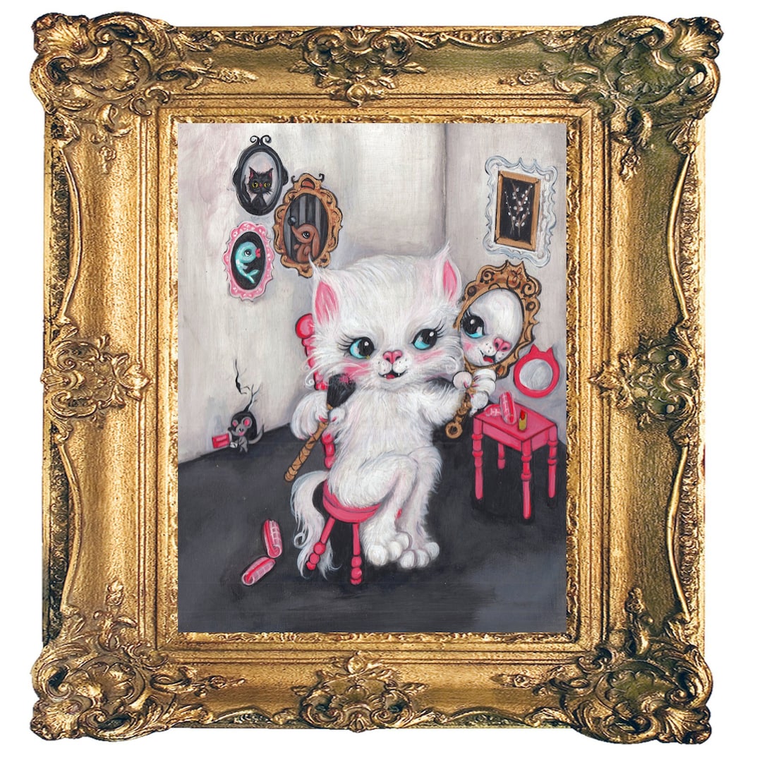 Cat Print White Kitty Vanity Animal Print Feline Fancy Wall - Etsy