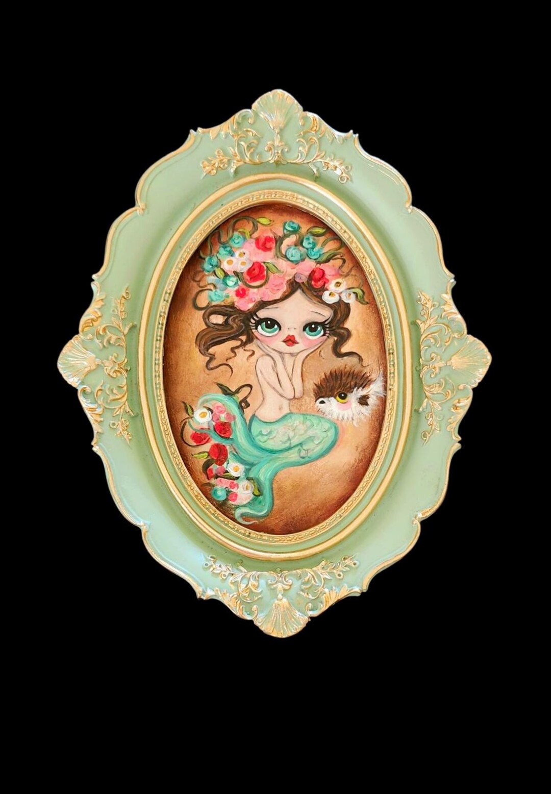 Mermaid Painting Cute Puffer Fish Floral Girl Nautical Art Cute ...