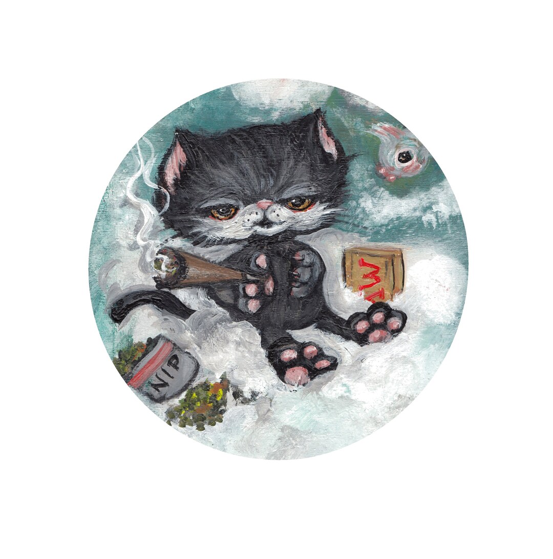 Cat Sticker Catnip 420 Art Vinyl Sticker Cute Surreal Kitty Decor - Etsy