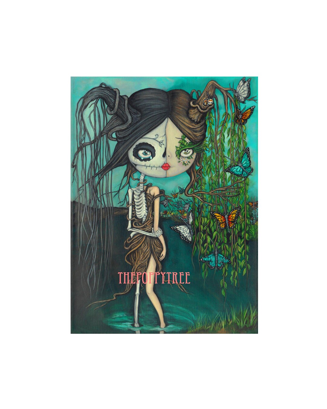Butterfly Print Spooky Goth Art Weeping Willow Skeleton Spring Flowers ...