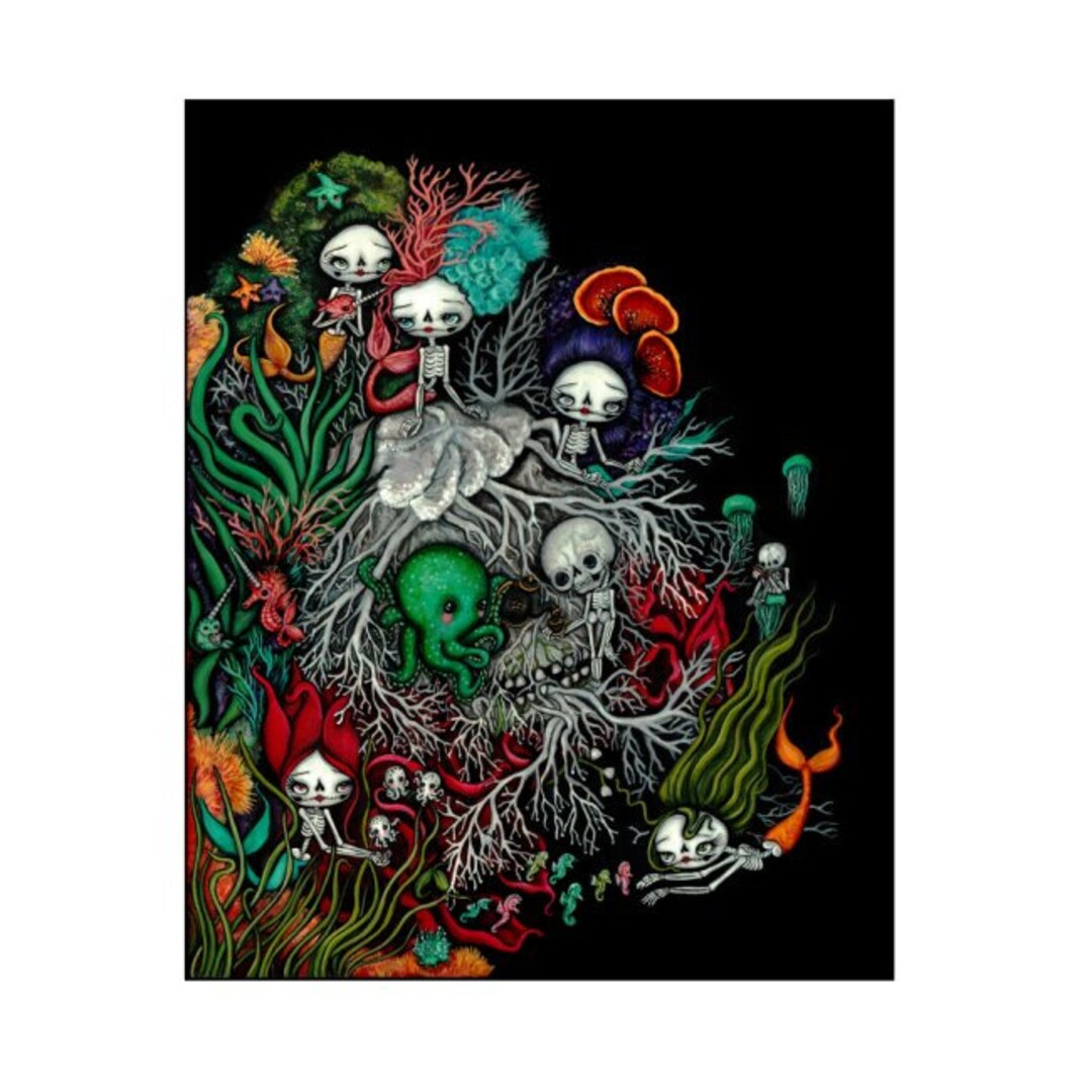 Spooky Mermaid Art Print: Dark Nautical Skeleton Octopus Wall Decor ...