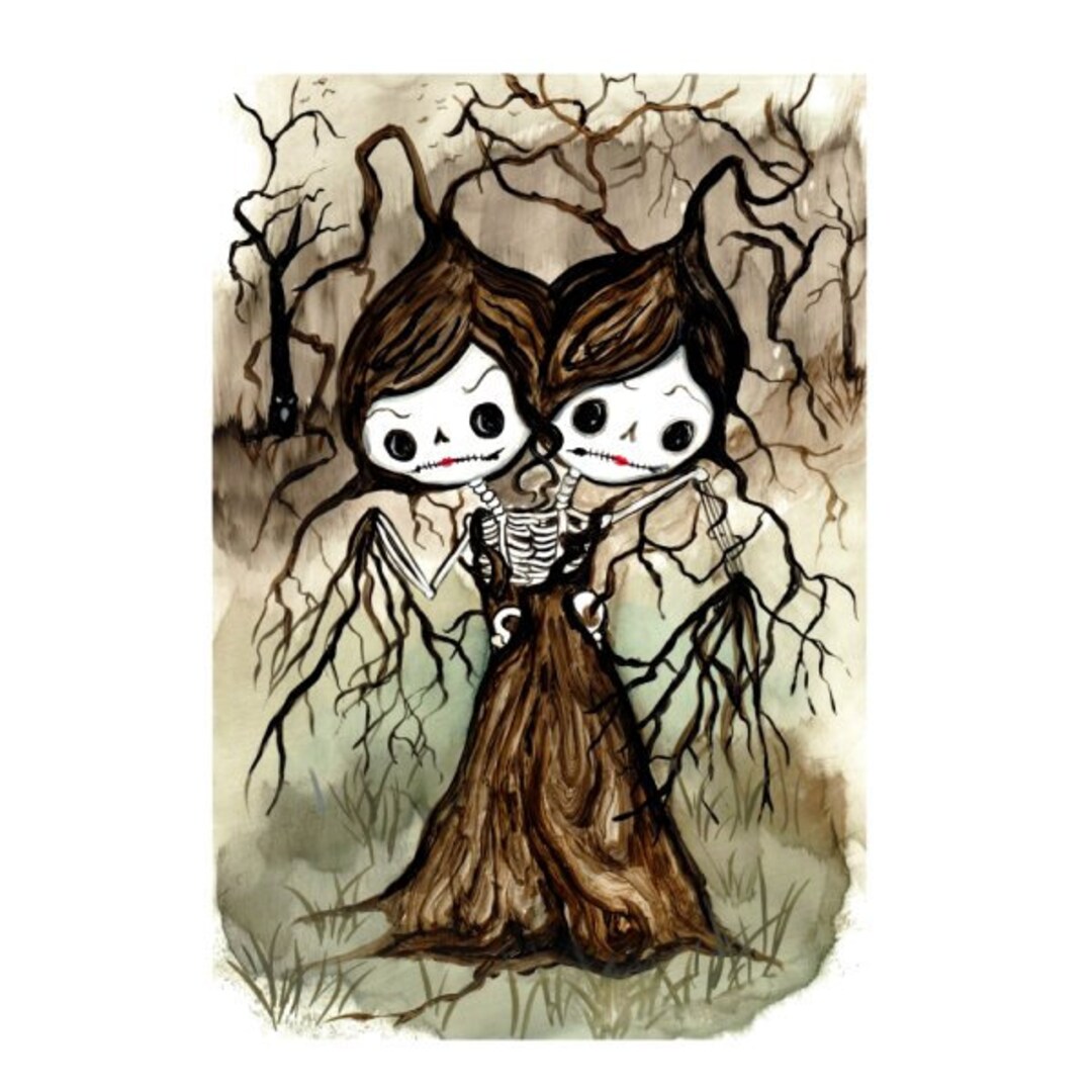 Spooky Print Conjoined Twins Surreal Skeleton Sister Art Spooky Twins ...