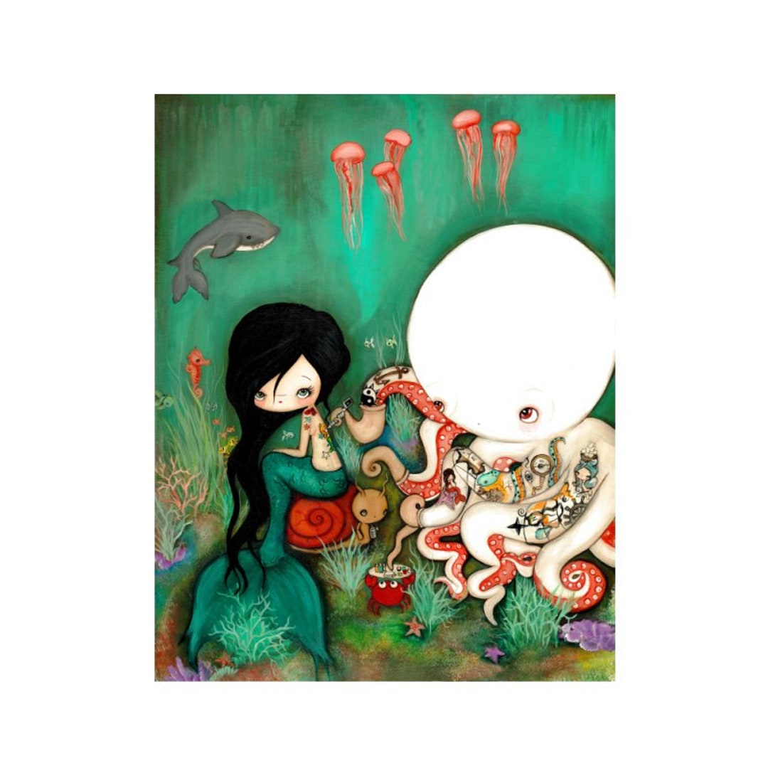 Octopus Print Tattooed Girl Mermaid Art Large Print 11 X 14 Wall Decor ...