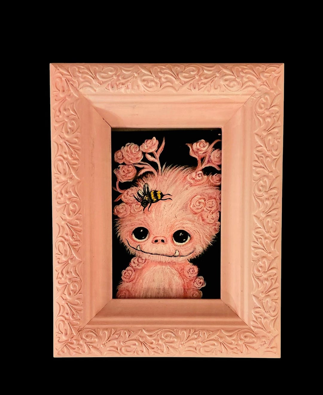 Pink Monster Painting Cute Bigfoot Decor Botanical Beast Cryptid Pop ...