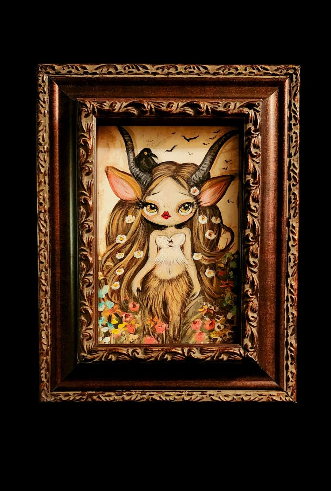 Faun Painting Horned Girl Art Cute Wall Decor Pop Surrealism Ornate ...