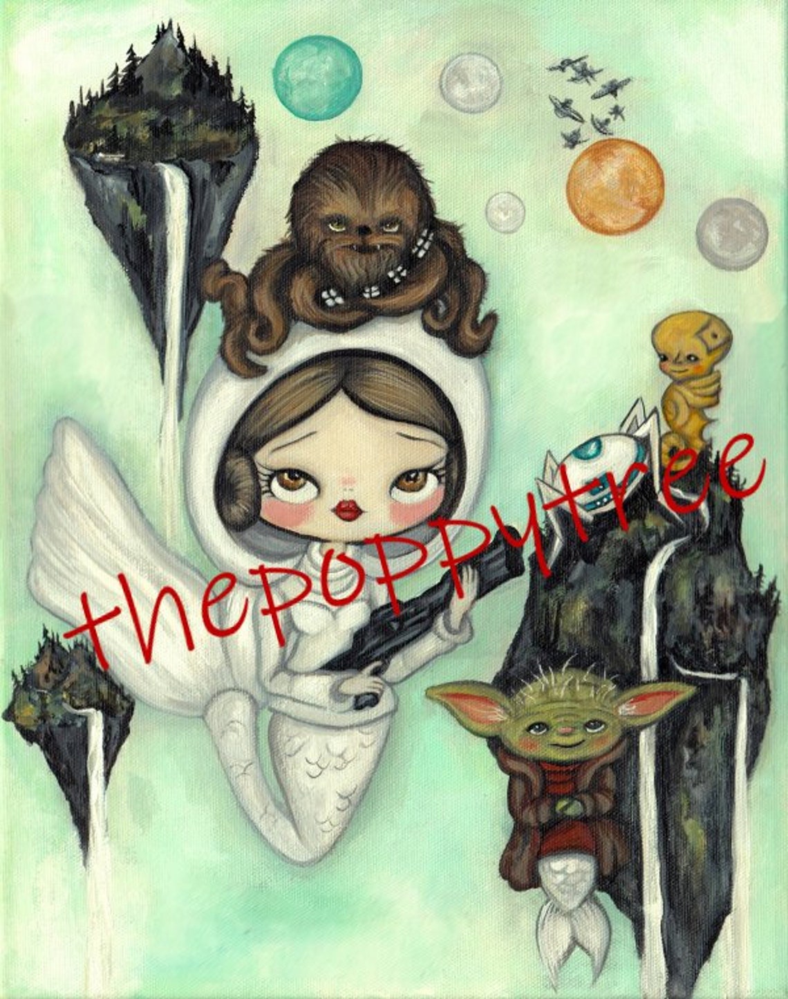 Mermaid Print Yoda Art Princess Leia Print Cute Chewbactopus - Etsy