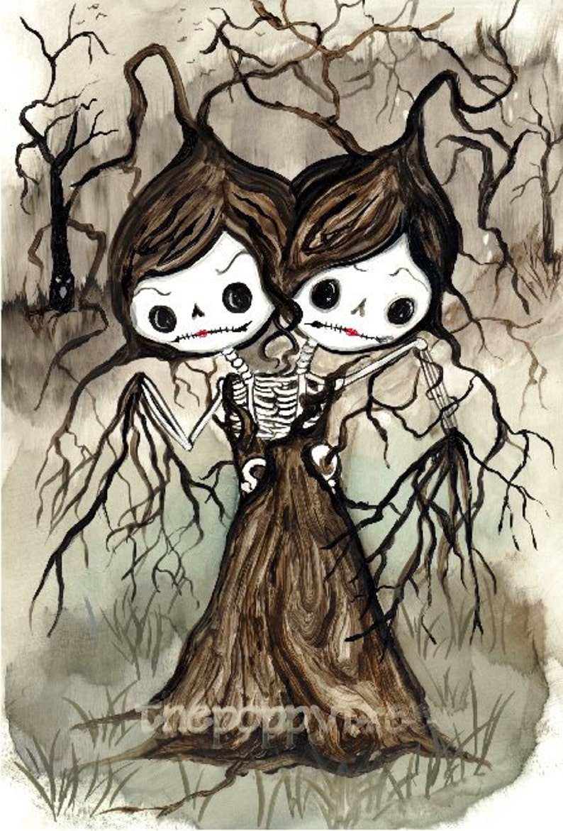 Conjoined Twins Skeleton Sisters Tree Sugar Skull Illustration - Etsy