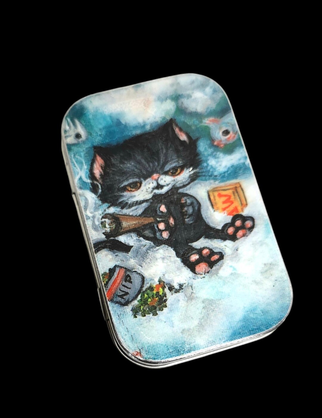 Cat Tin Kitty Art Collectable Art Tin Storage Container Cat Nip Print ...