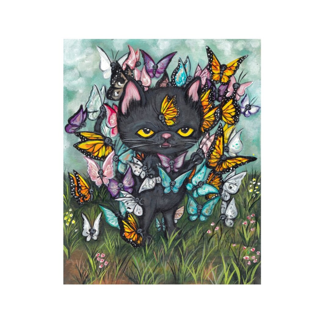 Cat Print Black Cat Animal Prints Butterfly Art Butterflies 8 X 10 Wall ...