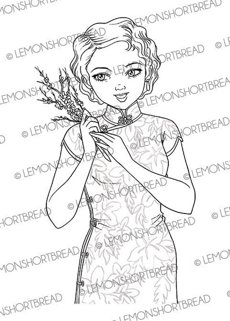 Digital Stamp Chinese Lady Plum Blossoms, Digi Coloring Page Download ...