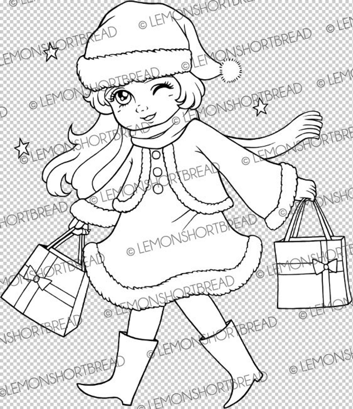 Digital Stamp Christmas Santa Girl, Digi Coloring Page, Merry Xmas Card ...