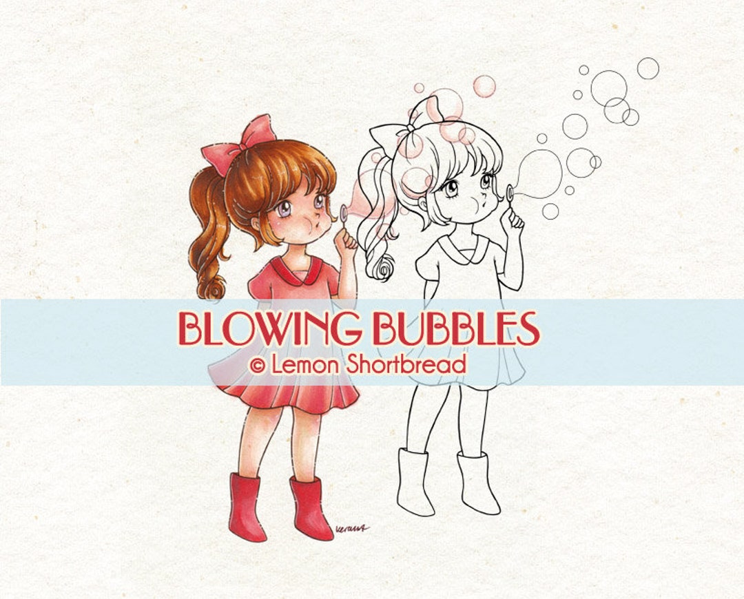 Digital Stamp Blowing Bubbles Girl, Digi Download, Children Clip Art ...
