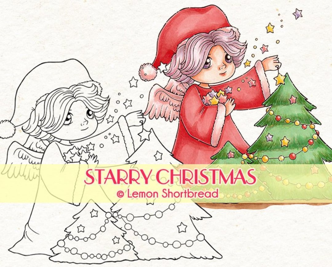 Digital Stamp Starry Christmas Tree, Digi Download, Star Winter, Angel ...