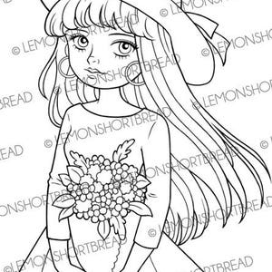 Digital Stamp Hat Bouquet Girl, Digi Download Coloirng Page, Flower ...
