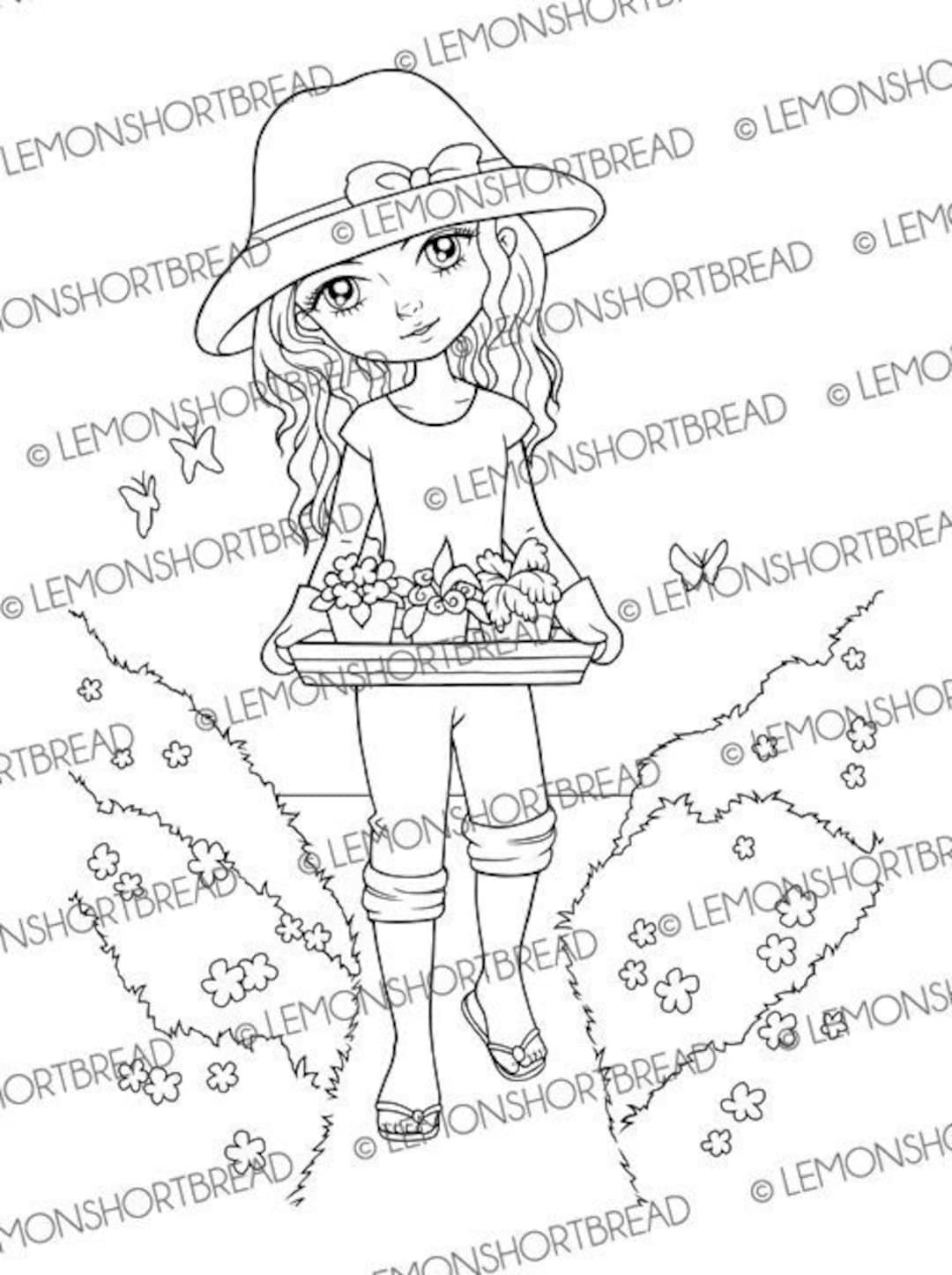 Digital Stamp Gardening Girl, Digi Printable Colouring Page, Summer ...