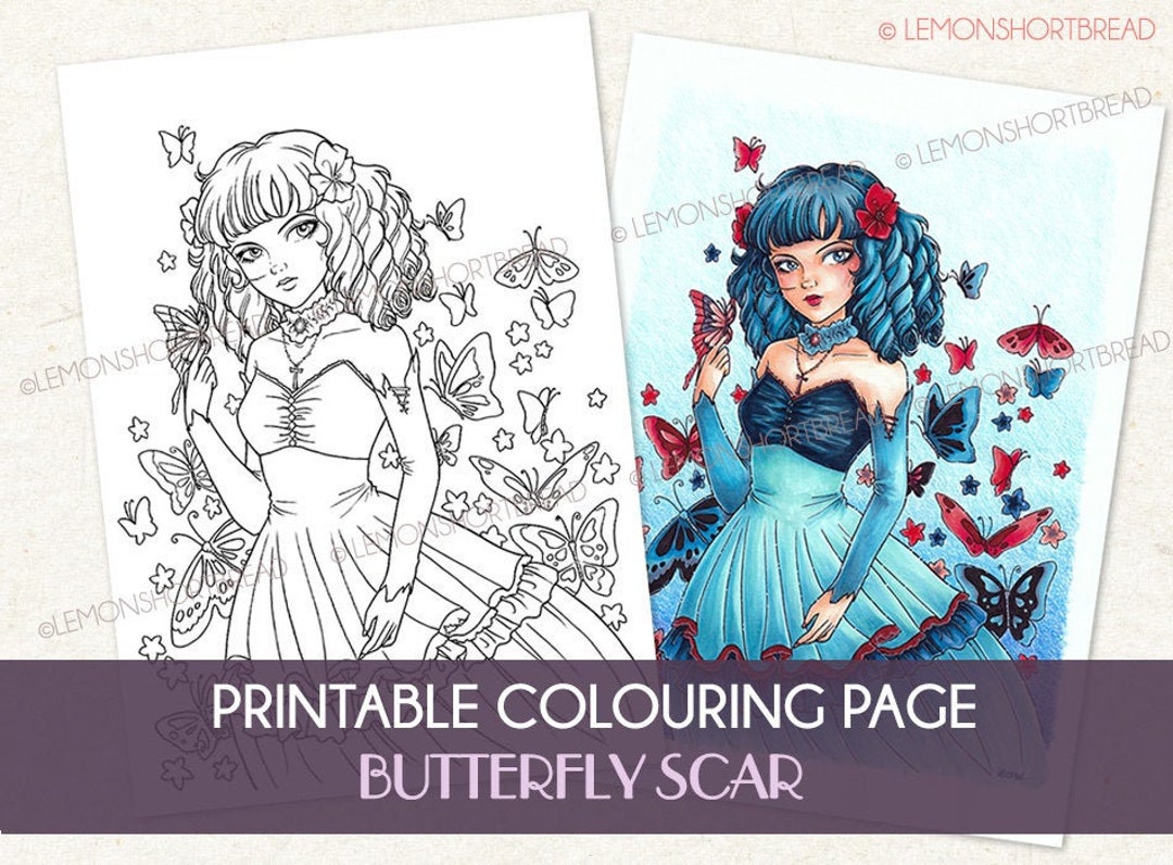 Printable Digital Coloring Page, Butterfly Scar Girl, Fantasy ...