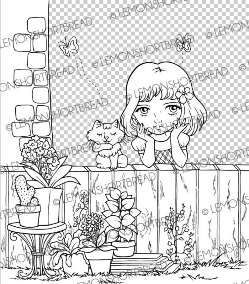 Digital Stamp Garden Girl With Cat, Digi Printable Coloring Page ...