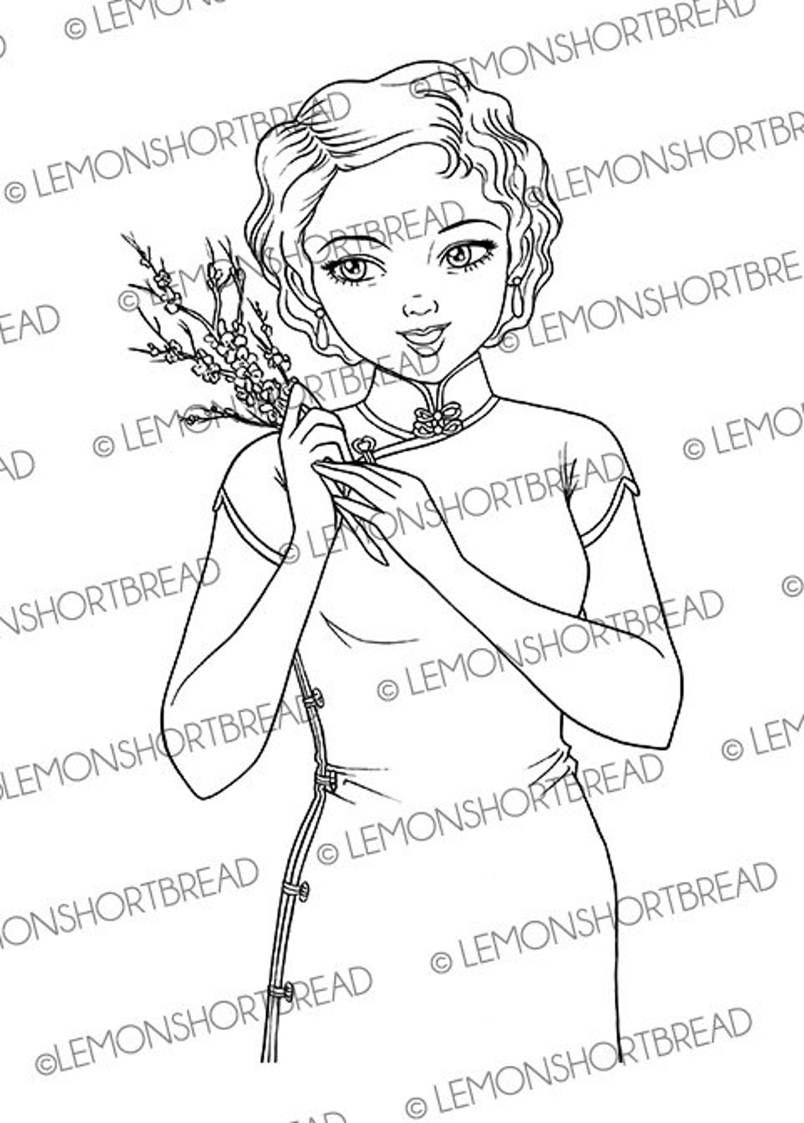Digital Stamp Chinese Lady Plum Blossoms, Digi Coloring Page Download ...