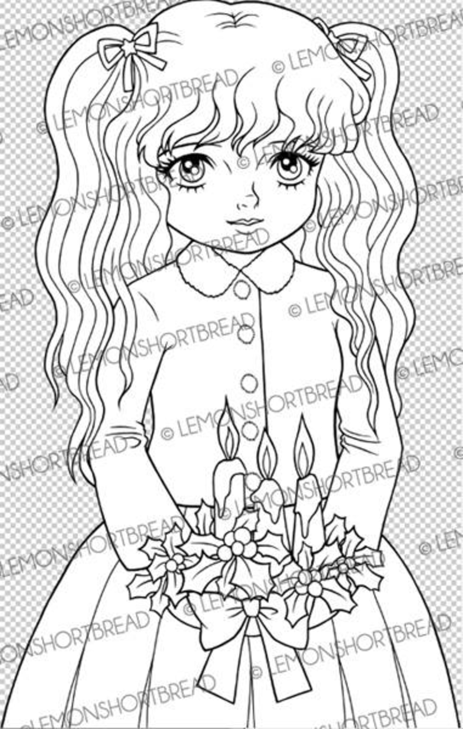 Digital Stamp Christmas Candle Girl, Digi Coloring Page, Holly ...