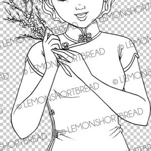 Digital Stamp Chinese Lady Plum Blossoms, Digi Coloring Page Download ...