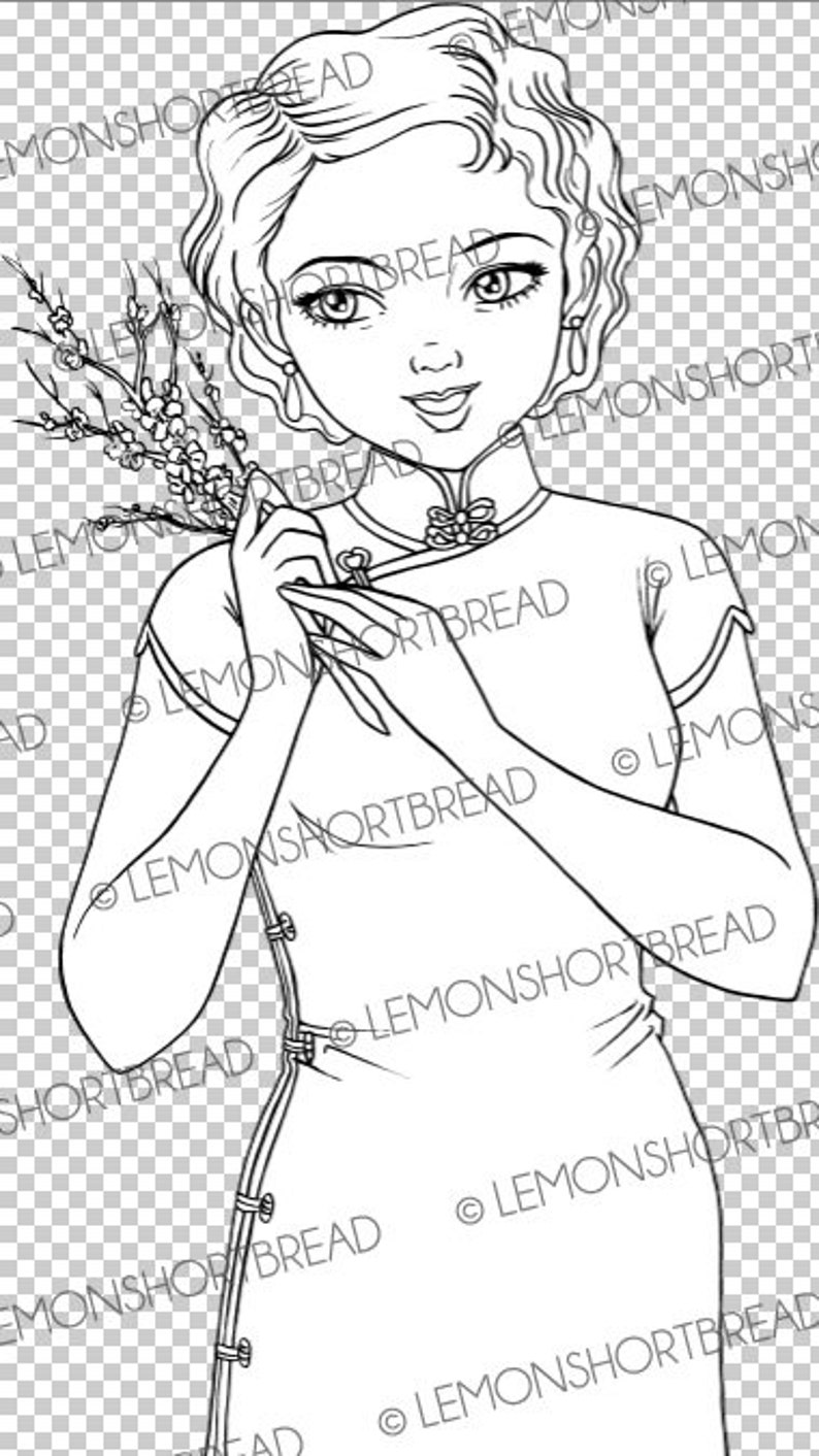 Digital Stamp Chinese Lady Plum Blossoms, Digi Coloring Page Download ...