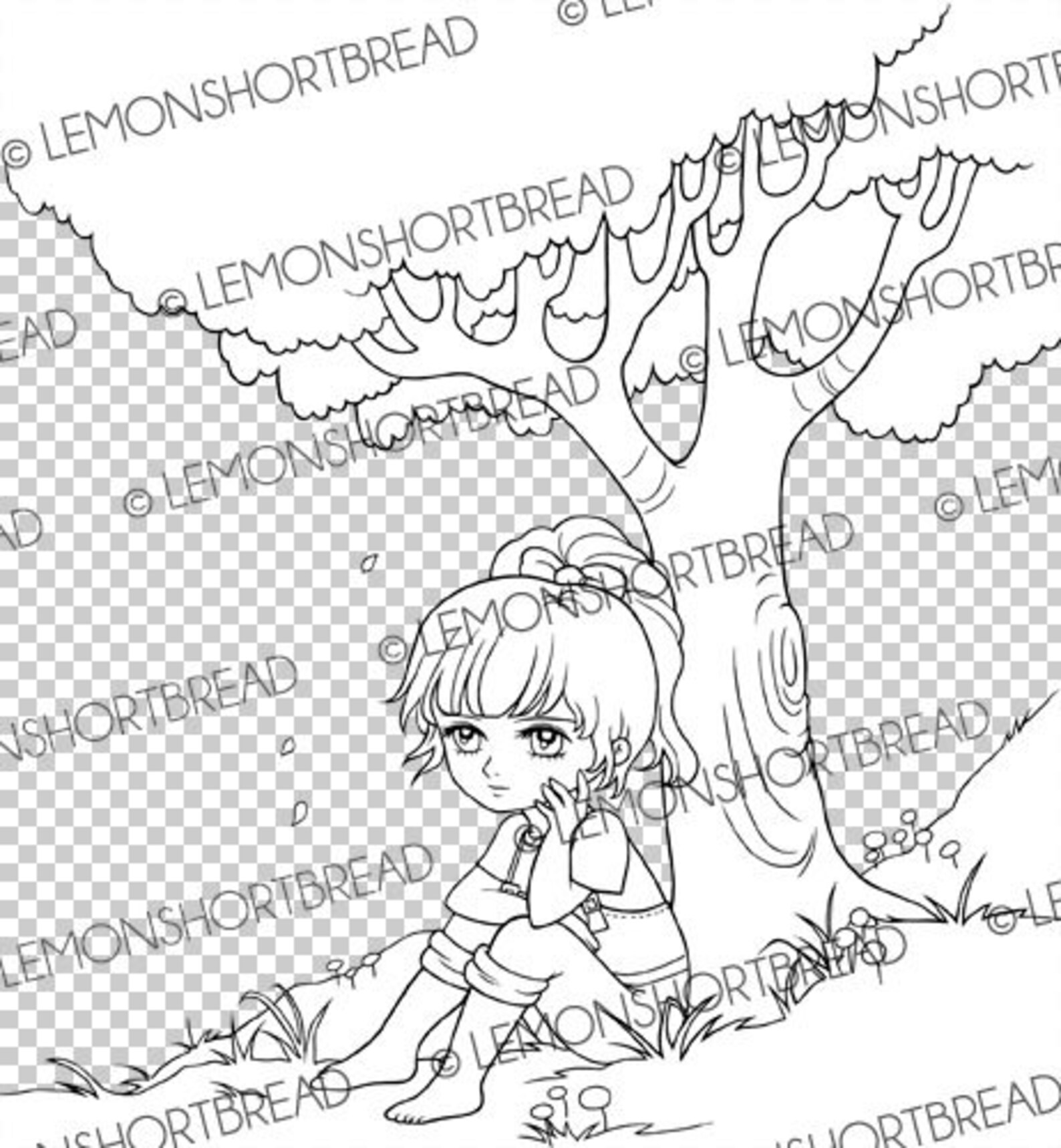 Digital Stamp Girl Sitting Under Tree, Digi Nature Country, Thinking of ...