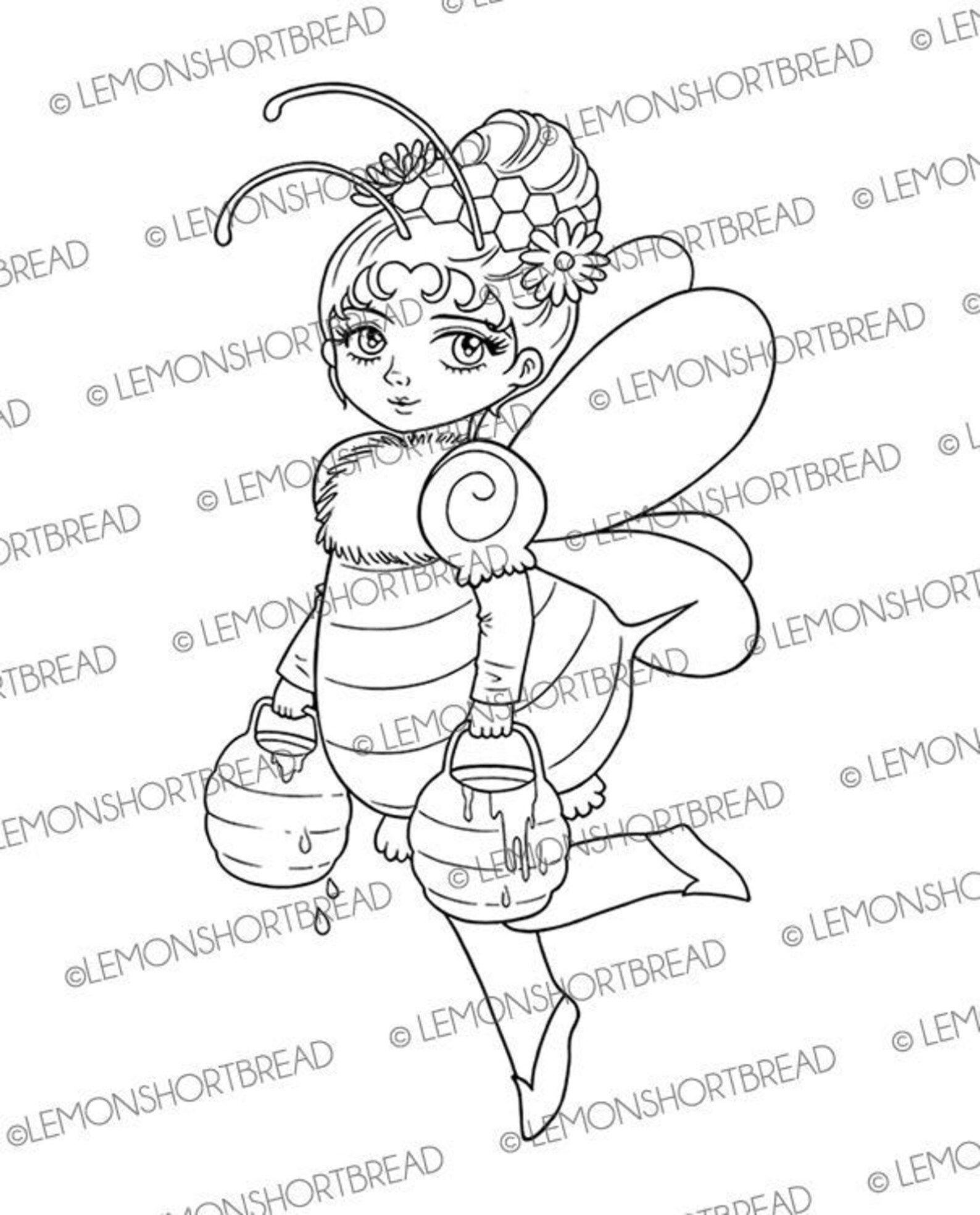 Digital Stamp / Coloring Page Bee Lady Digi Fantasy Garden | Etsy