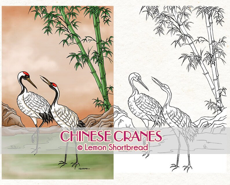 Digital Stamp Chinese Japanese Cranes Digi Download Birds | Etsy