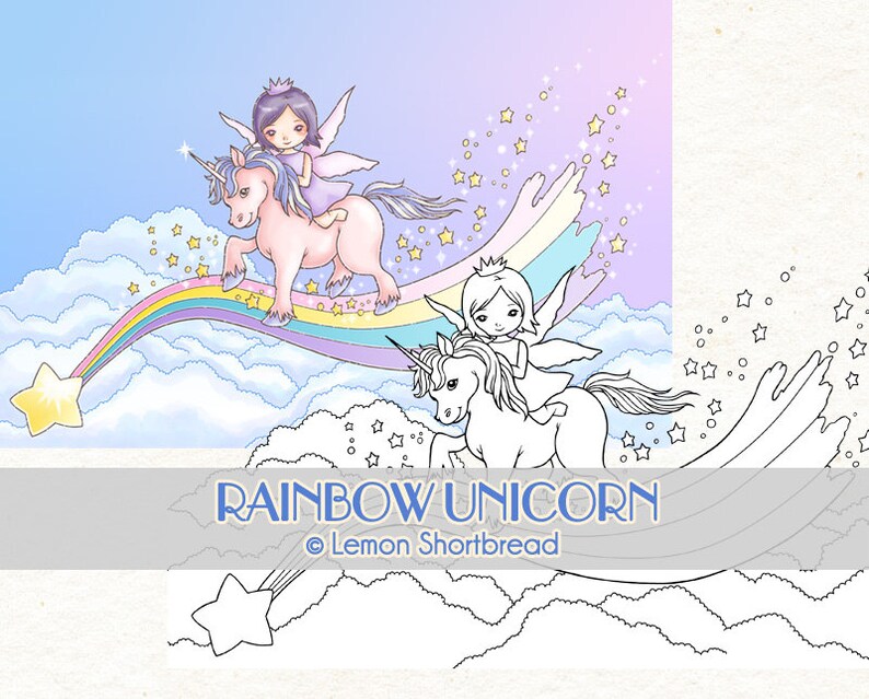 Digital Stamp Rainbow Unicorn Fairy Digi Coloring Pages - Etsy