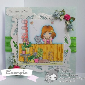 Digital Stamp Garden Girl With Cat, Digi Printable Coloring Page ...