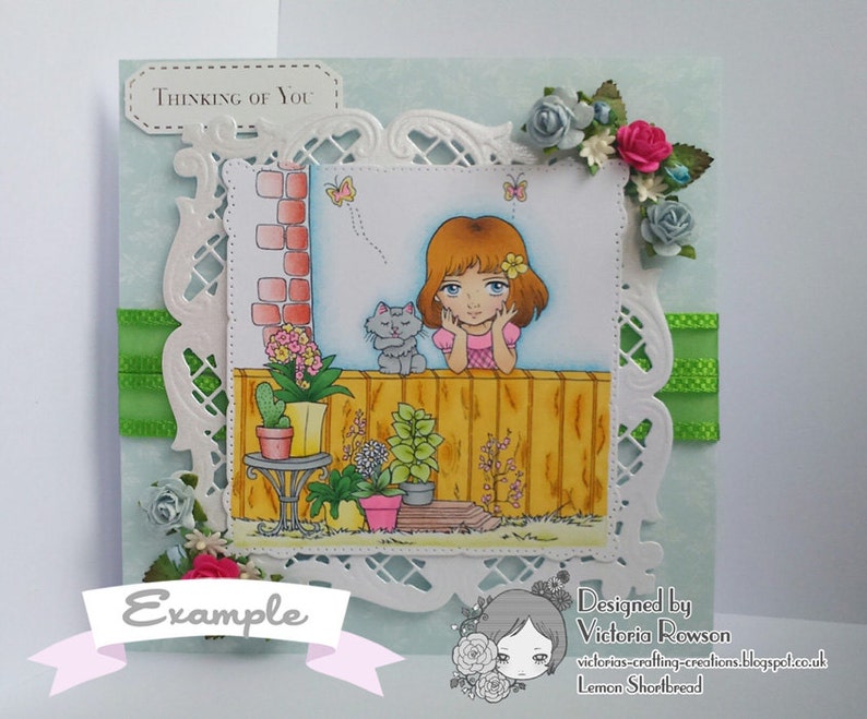 Digital Stamp Garden Girl With Cat, Digi Printable Coloring Page ...