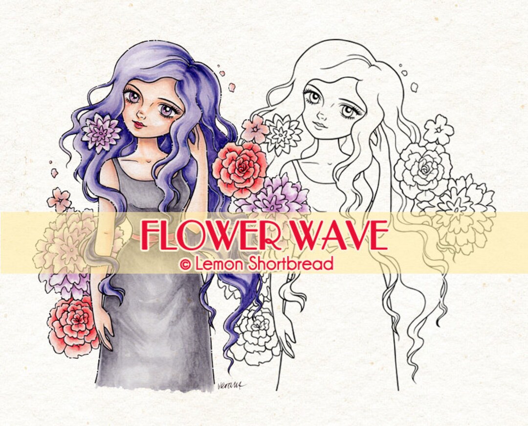 Digital Stamp Flower Wave Girl, Digi Fantasy Floral Coloring Page, Card ...