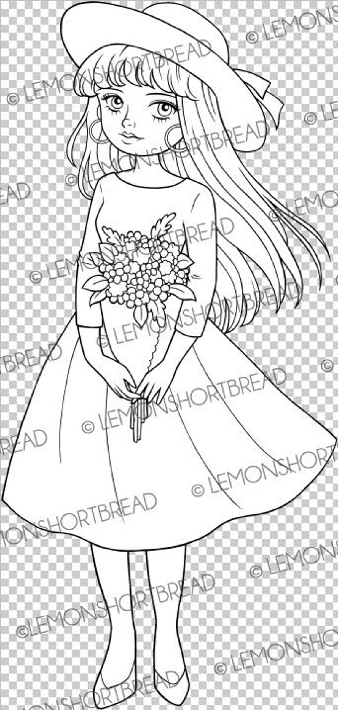 Digital Stamp Hat Bouquet Girl Digi Download Coloirng Page | Etsy