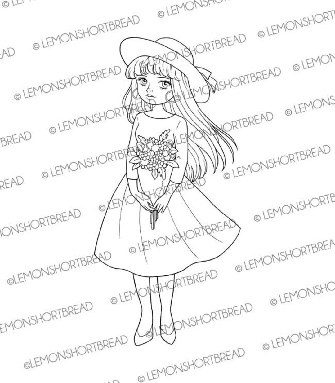 Digital Stamp Hat Bouquet Girl, Digi Download Coloirng Page, Flower ...