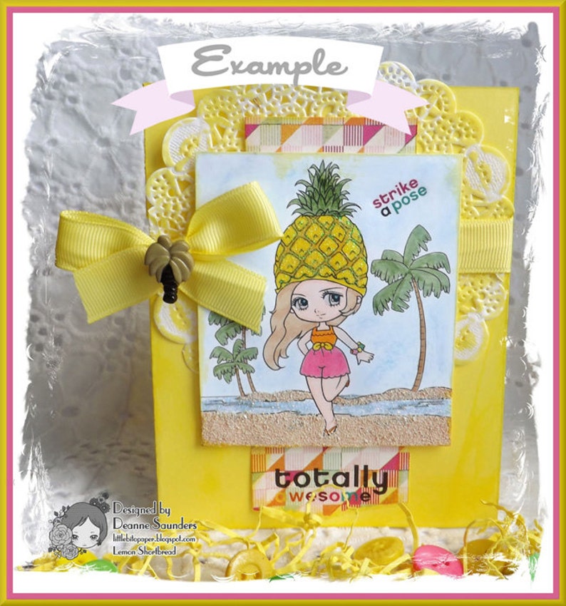 Digital Stamp Pineapple Hat Kid Digi Coloring Page Girl - Etsy