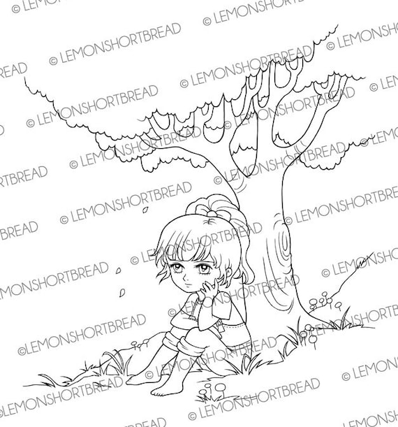 Digital Stamp Girl Sitting Under Tree Digi Nature Country | Etsy