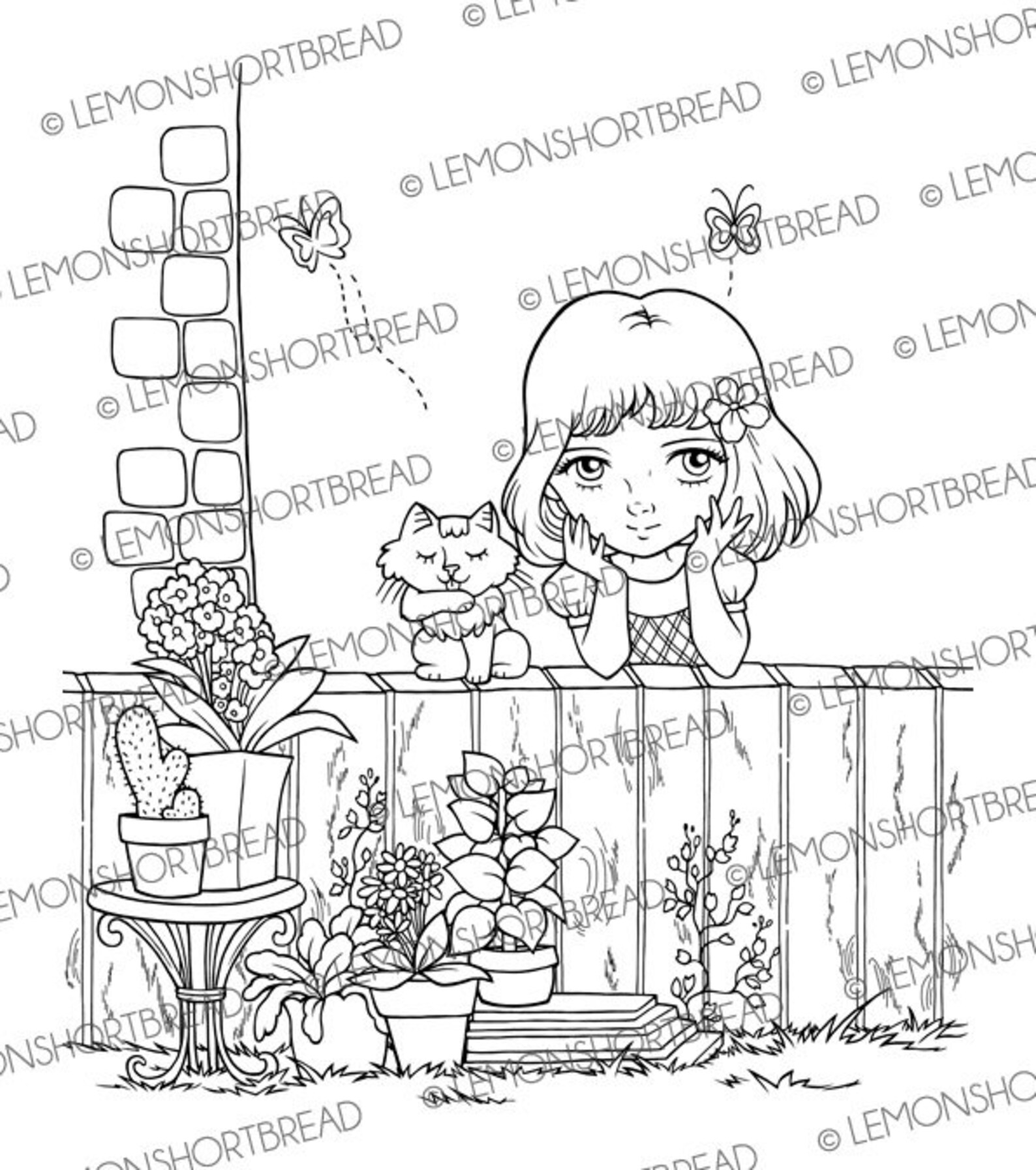 Digital Stamp Garden Girl With Cat, Digi Printable Coloring Page ...
