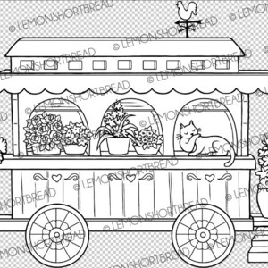 Digital Stamp Flower Caravan Cat Digi Coloring Page Download - Etsy