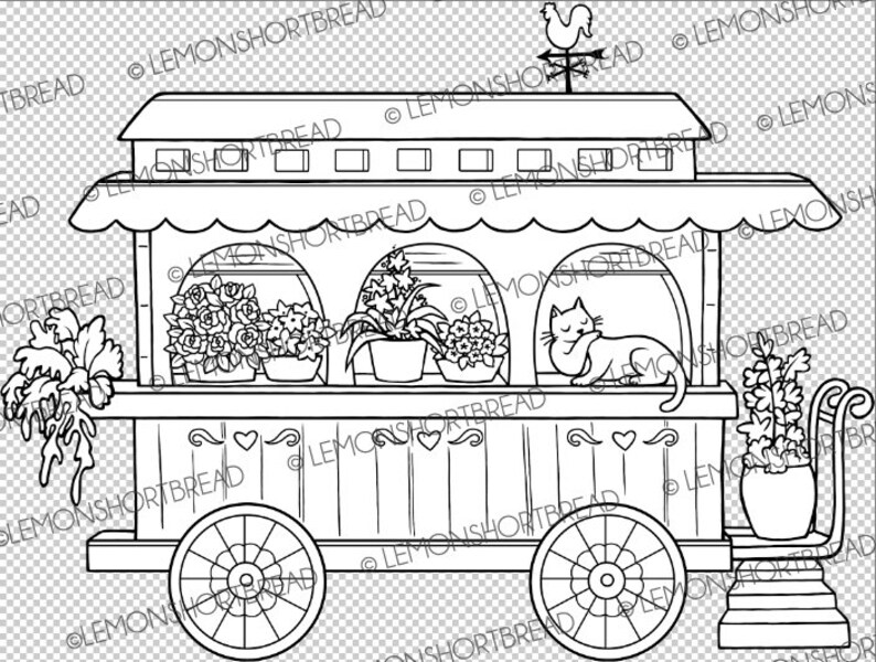 Digital Stamp Flower Caravan Cat Digi Coloring Page Download - Etsy