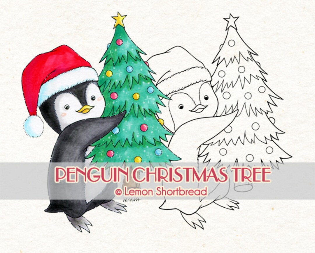 Digital Stamp Christmas Tree Penguin, Digi Winter Holiday, Bird Animal ...