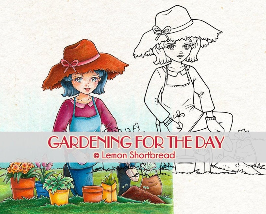 Digital Stamp Gardening Lady Plants, Digi Coloring Page Download ...