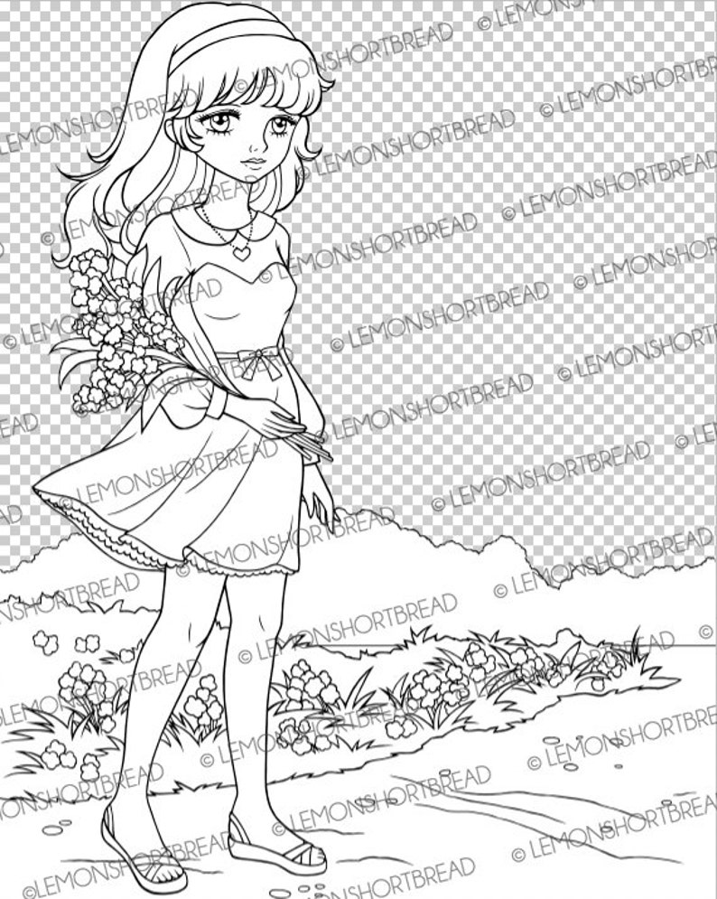 Digital Stamp Flower Garden Girl, Digi Colouring Page, Idyllic Stroll ...