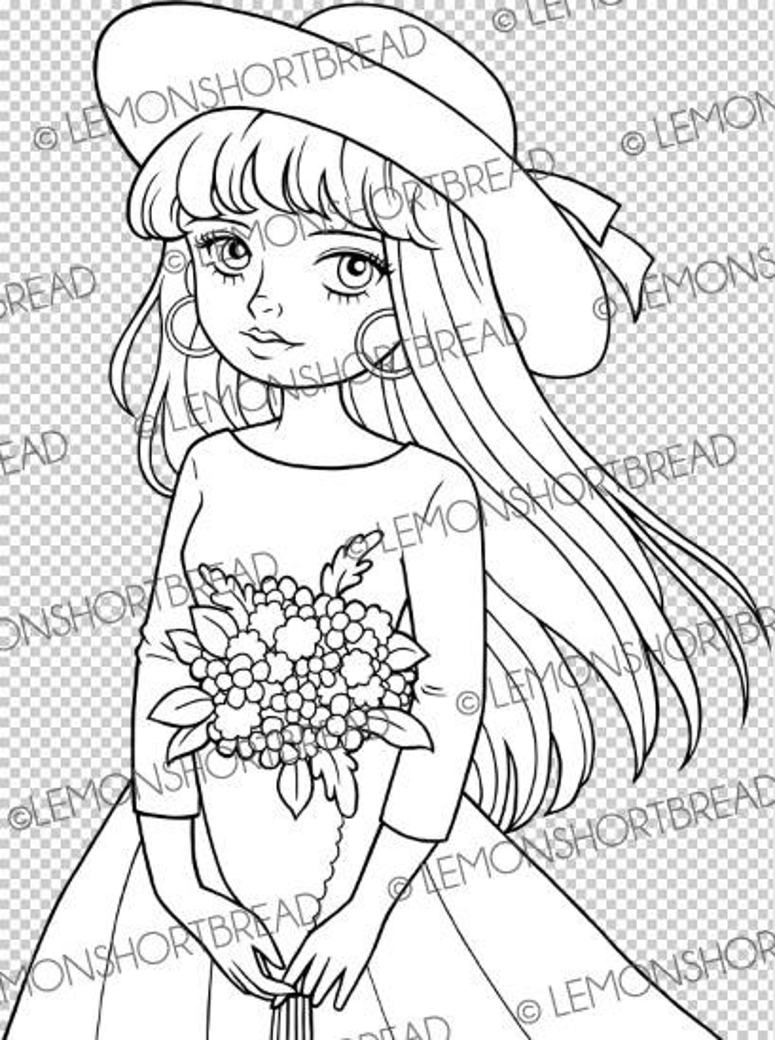 Digital Stamp Hat Bouquet Girl, Digi Download Coloirng Page, Flower ...