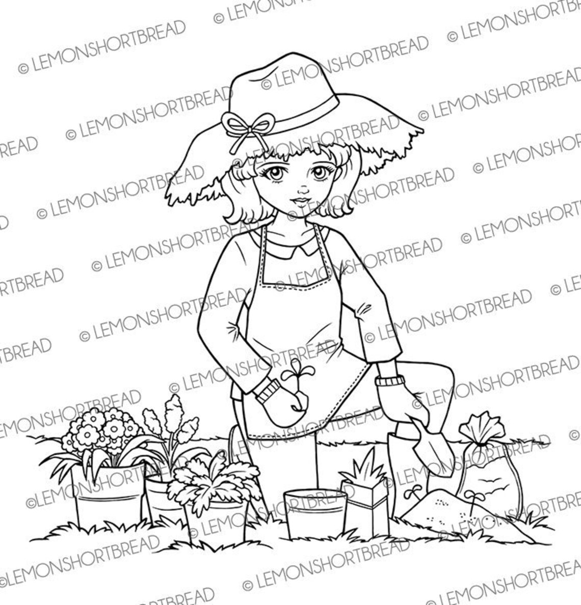 Digital Stamp Gardening Lady Plants, Digi Coloring Page Download ...